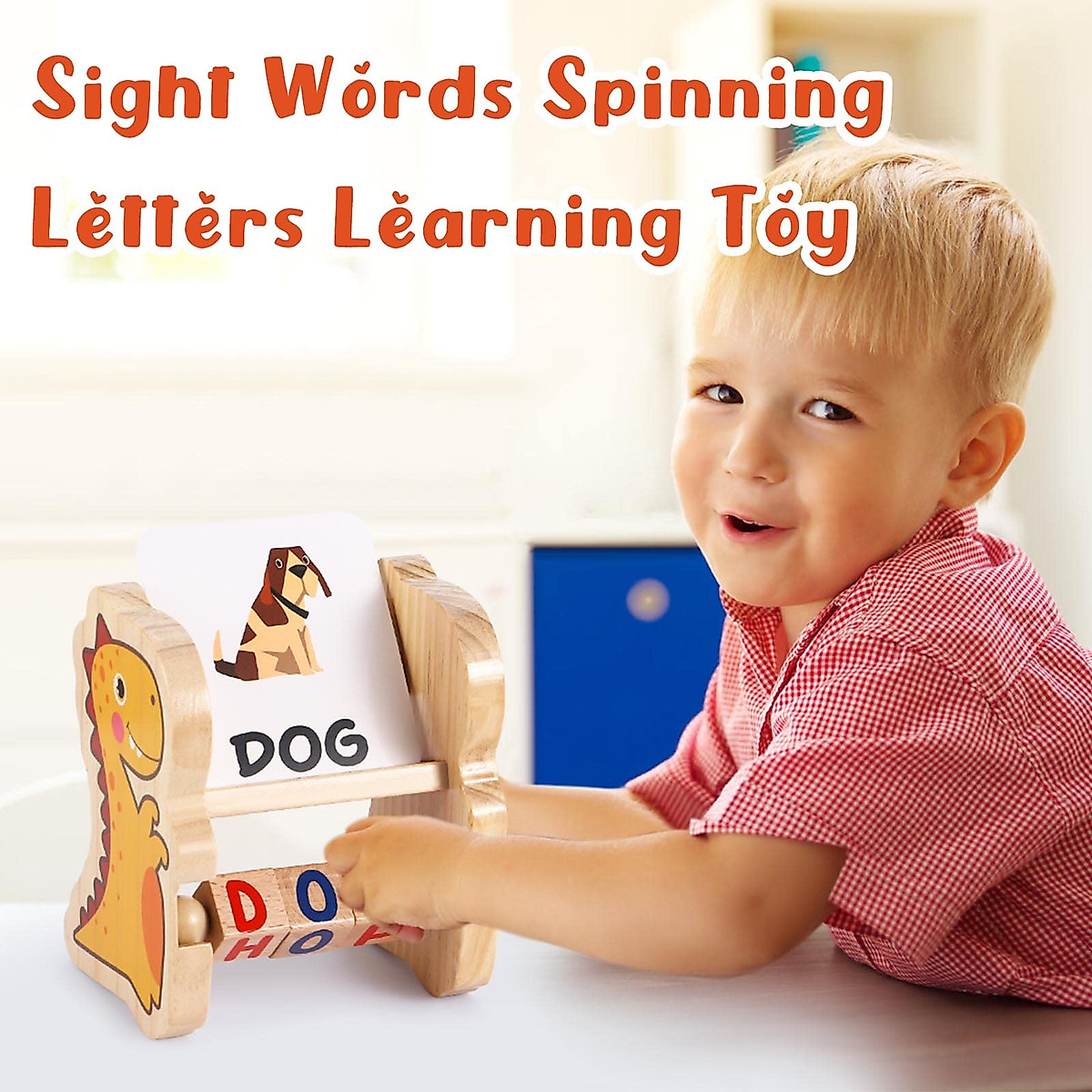 Atoylink Wooden Reading Blocks Spelling Games with Sight Word Flash Cards Turning Rotating Letters Dinosaur Toy Preschool Spinning Alphabet Matching Letter Montessori Learning Toys for Kids Boys Girls