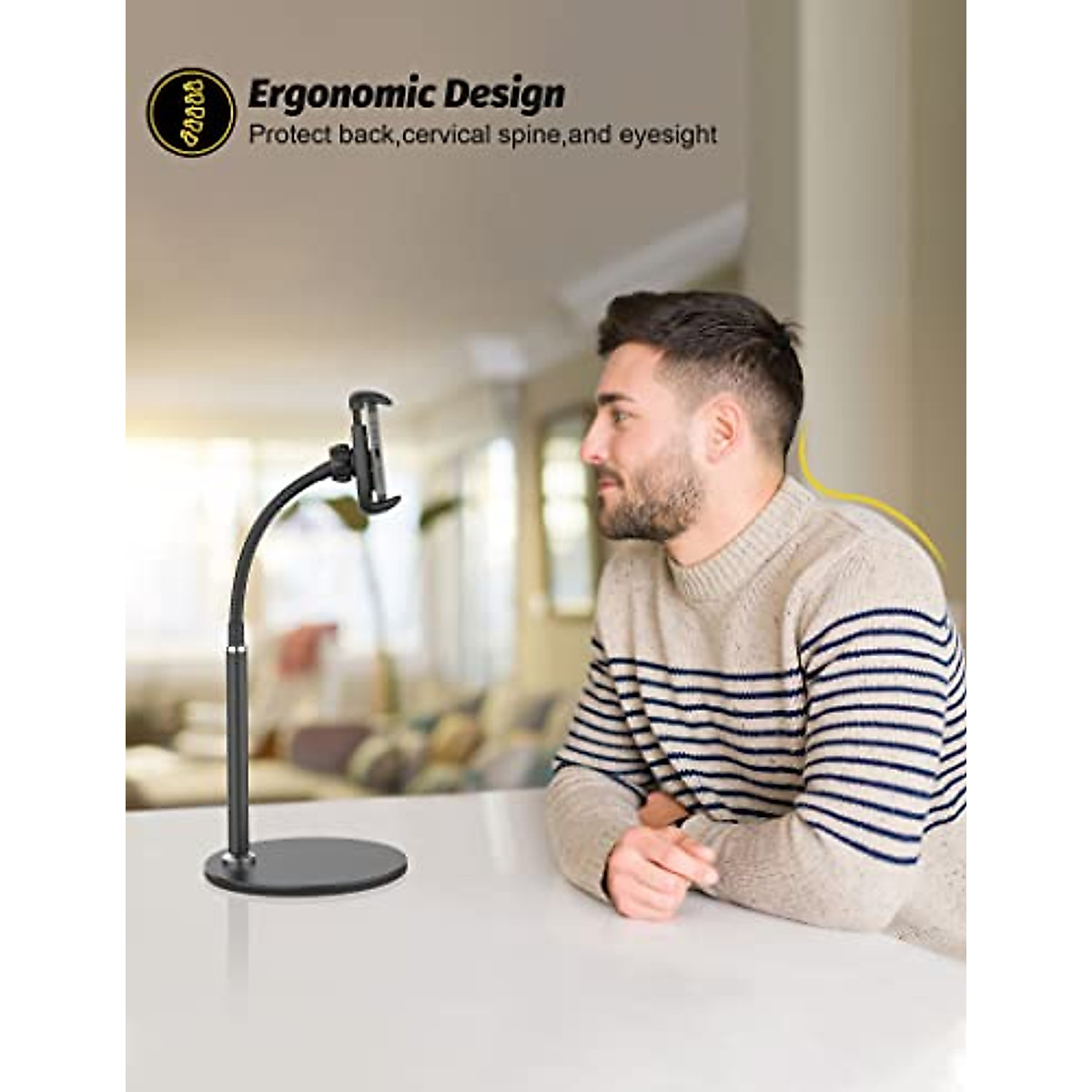 Cell Phone Stand, Adjustable Height & Angle Gooseneck Phone Stand for Desk Flexible Arm Universal Phone Holder, Aluminum Alloy Desktop Phone Stand for Recording Compatible with 3.5"-7" Device (Black)