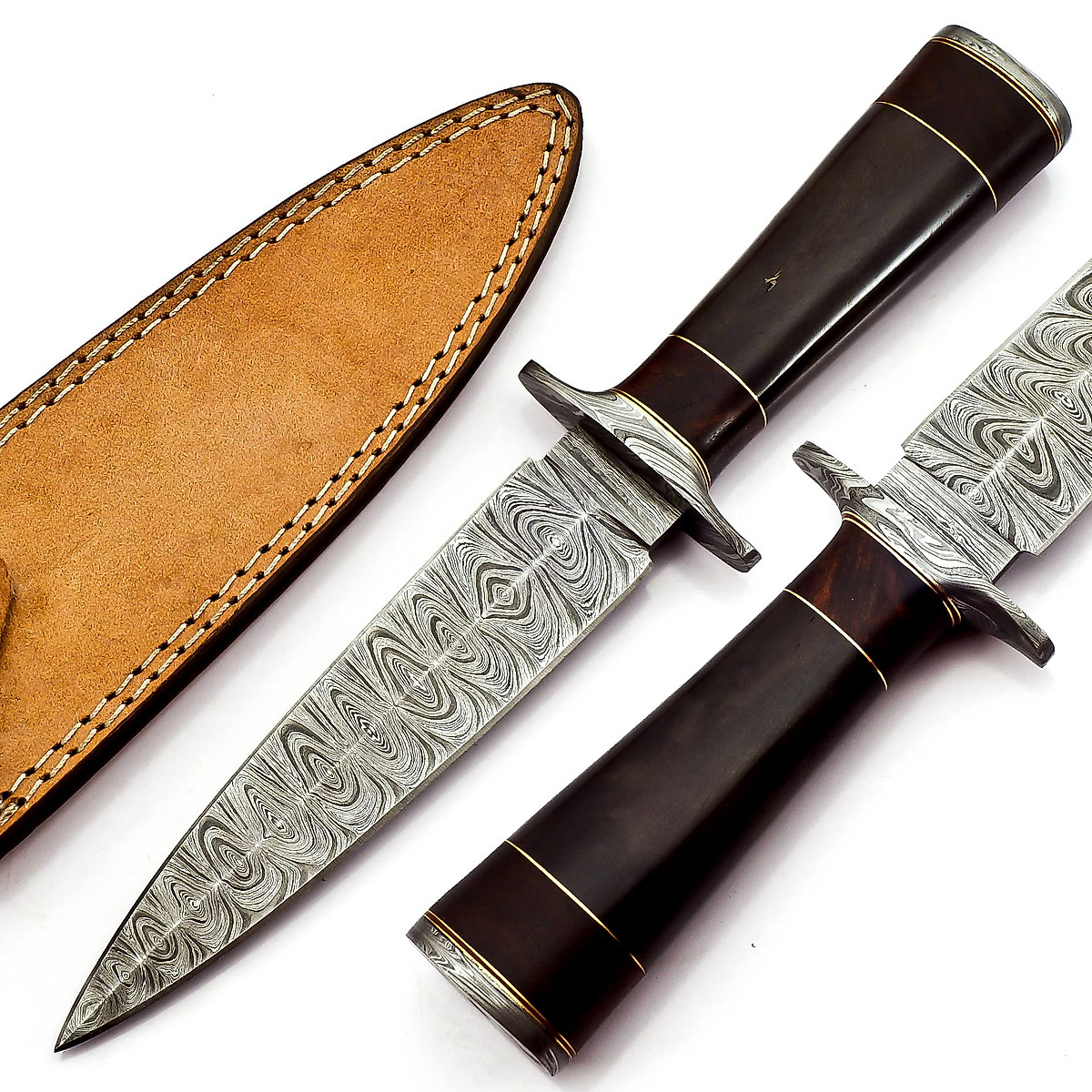 Nooraki DK-347 Handmade Damascus Steel Fixed Blade Dagger Knife with Leather Sheath, Multipurpose Knife with Coloured Bone and Rosewood Handle for Hunting, Hiking, Camping, Survival, 11 length