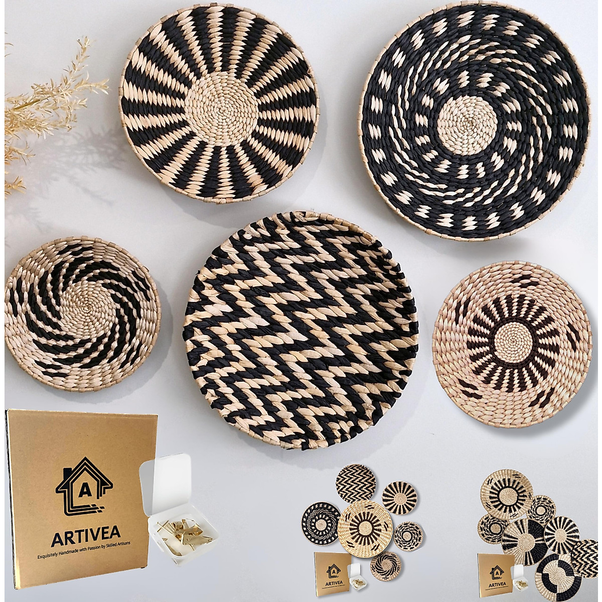 Artivea 5 Boho Basket Wall Decor Set - hanging Woven Wall Baskets Decor Boho - Boho Wall decor Baskets - Boho wicker wall decor - Basket Wall Art Decor - Boho Rattan Woven Wall Decor - Boho Rattan Wall Decor– Exclusive Registered Brand