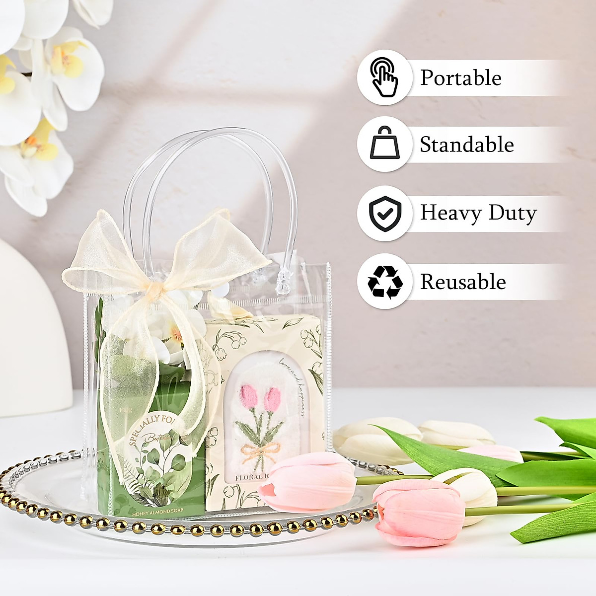 Ohuimrt 30 PCS Clear Plastic Gift Bags with Handles, Reusable Party Favor Bags with Ribbon Transparent Gift Wrap Bags Bulk for Weddings Birthdays, 5.9 x 6.3 x 2.8 Inches