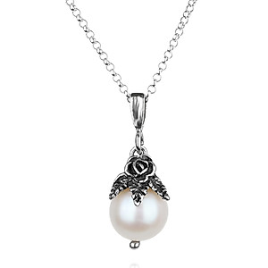 Paz Creations 925 Sterling Silver Pearl Pendant Necklace with Round Ball-Shape White Freshwater Pearl and Handcrafted Floral Cap - Natural Elegant Jewelry