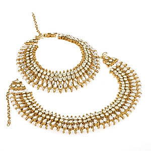 Efulgenz Indian Bridal Gold Tone Anklets for Women Indian Bollywood Anklet Crystal Rhinestone Faux Kundan Pearl Wedding Bridal Anklet Set Bracelet Payal Foot Jewelry