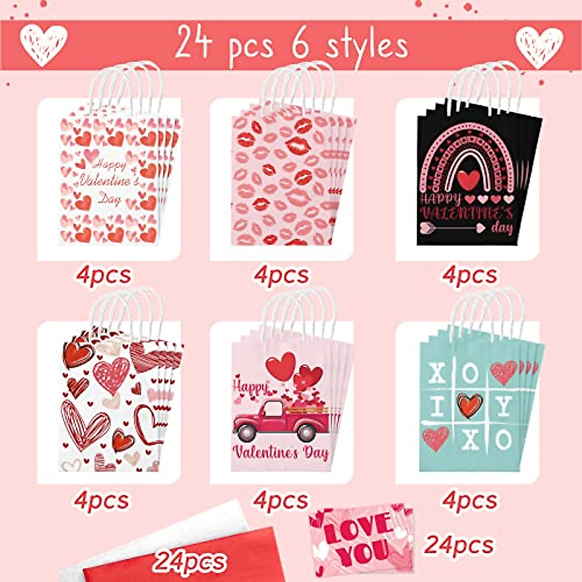 24 Pcs Valentines Day Gift Bags with Handle, Valentines Kraft Paper Bags with Tissue Paper, Treat Goodies Bag for Valentine's Day Party Favors Funny Gift Exchange Novelty Gift Giving Gift Wrapping
