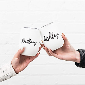 WEDDINGSTAR Personalized Stemless Travel Tumbler 12oz – Insulated Stainless Steel Wine Glass with Lid - Calligraphy - Black