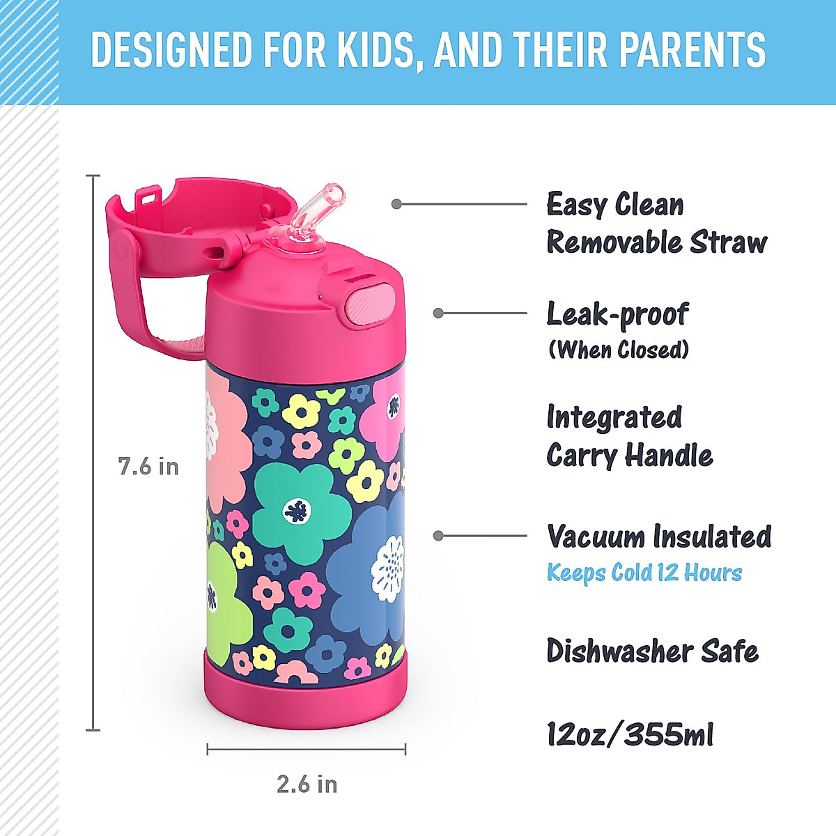 THERMOS FUNTAINER Water Bottle with Straw - 12 Ounce - Kids Stainless Steel Vacuum Insulated Water Bottle with Lid, Mod Flowers