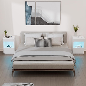 HOMMPA Set of 2 Open Shelf LED Nightstands with Charging Station 2 Drawers Bedside Tables White Night Stands with Storage Smart Nightstands High Gloss Night Table with Led Light for Bedroom Furniture