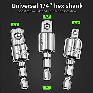 3Pcs 1/4" 3/8" 1/2" Bits 360°Rotatable,Impact Grade Socket Adapter/Extension Set Turns Power Drill Into High Speed Nut Driver,for Cordless Drills Ratchet Extension,Universal Socket Wrench Adapter Set