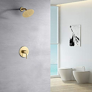 sumerain Brushed Gold Shower Faucet Set with 8 Inches Stainless Steel Rain Shower Head, Solid Brass Rough In Valve