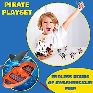 Liberty Imports Bucket of Pirate Action Figures Toys Playset with Pirate Ship, Boat, Treasure Chest, Cannons, Shark for Kids Imaginary Pretend Play