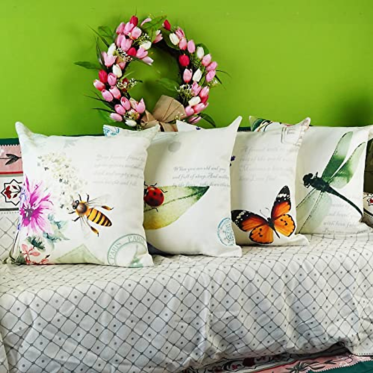 ONWAY Spring Summer Throw Pillow Covers 20x20 Inch Set of 4 Bee Butterfly Decorative Farmhouse Throw Cushion Cover Outdoor Pillows for Couch Sofa Patio Furniture Porch