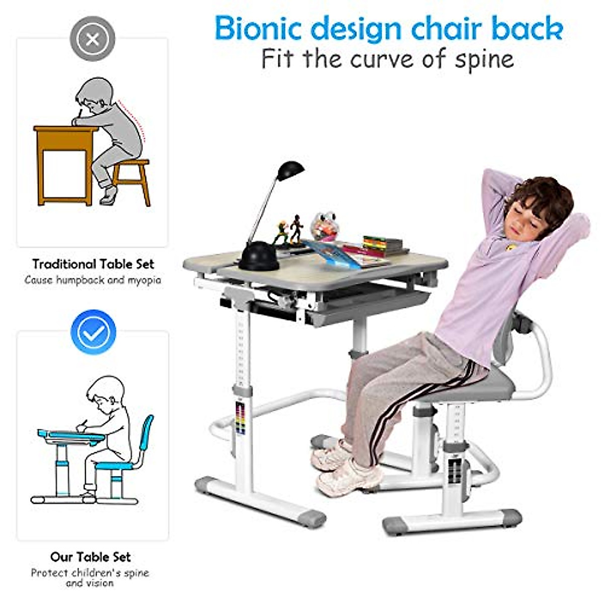 BABY JOY Kids Desk and Chair Set, Height Adjustable, Children Study Table with Tilted Desktop, Pull Out Spacious Storage Drawer, Student Writing Desk for Studying, Reading and Drawing (Gray)