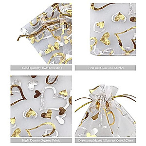 QIANHAILIZZ 100 pcs 3.5 x 4.7 Inch Flower Heart Organza Jewelry Gift Pouch Candy Pouch Drawstring Wedding Favor Bags (A white with gold heart)