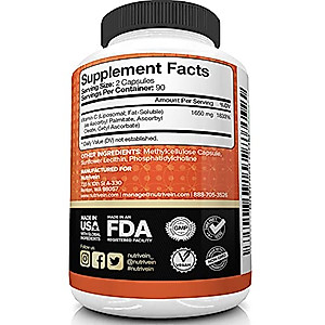 Nutrivein Liposomal Vitamin C 1650mg - 180 Capsules - High Absorption Ascorbic Acid - Supports Immune System & Collagen Booster - Powerful Antioxidant