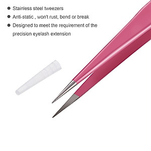 Hotop 2 Pieces Straight and Curved Tip Tweezers Eyelash Extension Tweezers, Stainless Steel False Lash Application Tools (Pink)