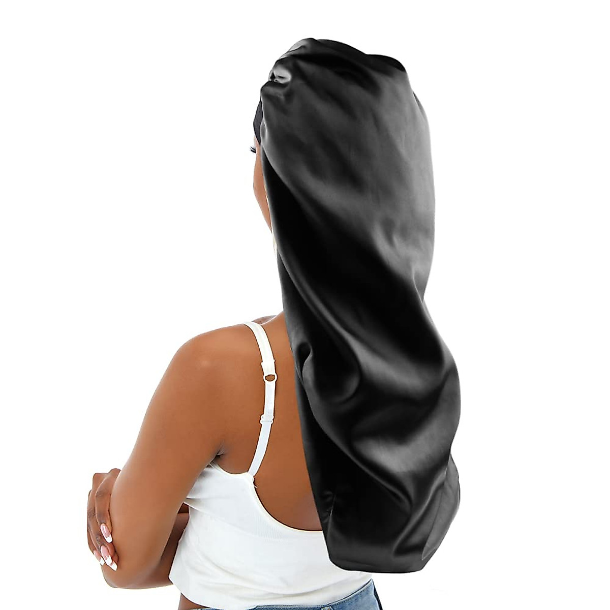 Sent Hair Extra Large Satin Hair Bonnet for Women, Double-Layer Elastic Night Sleeping Cap with Tie Band for Braids/Curly/Long Hair - Black