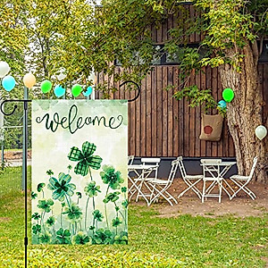 Welcome Spring St. Patrick's Day Garden Flag 12x18 Double Sided Vertical, Burlap Small Mini Lucky Shamrock Clover Yard Flag Banner Happy Saint Patrick's Sign for Home Outside Outdoor Decor (ONLY FLAG)