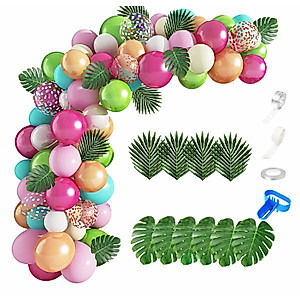 124Pcs Tropical Balloons Arch Garland Kit, Green Hot Pink Rose Gold Confetti Balloons Palm Leaves for Tropical Hawaiian Aloha Luau Flamingo Birthday Party Baby Shower Wedding Decorations