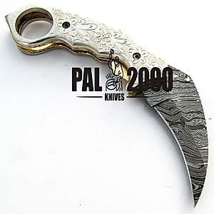 PAL 2000 KNIVES POC-9517 Handmade Damascus Steel Folding Pocket Knife Engraved Steel Handle with Sheath