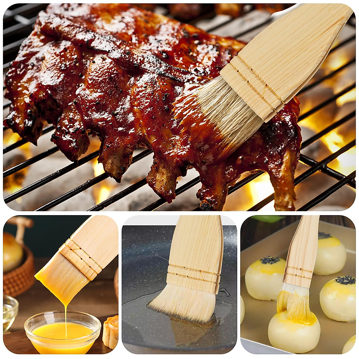 Alminionary 4Pcs Pastry Brushes Basting Oil Brush with Boar Bristles and Hardwood Handles BBQ Cooking Baking Brush for Spreading Butter, Egg Liquid to Pastries, Dessert, Bread Dough