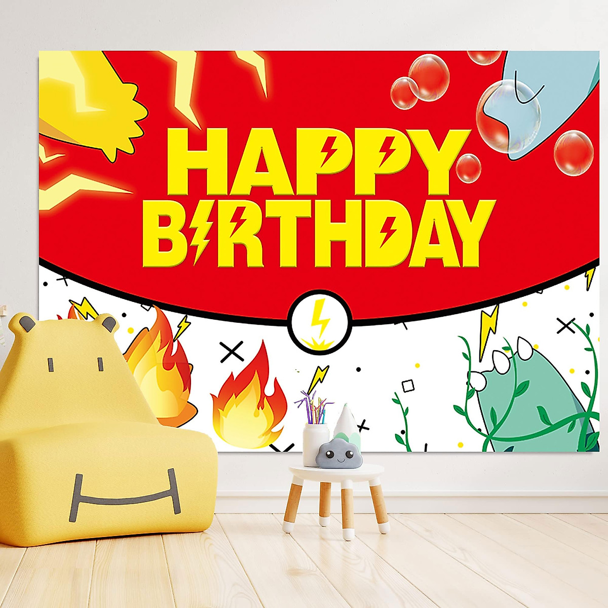 Cartoon Red White Ball Birthday Party Banner for Kid Pet Photo Backdrop Video Gaming Party Banner Kid Birthday Party Decorations Banner Baby Shower Decoration Supplies 5x3ft