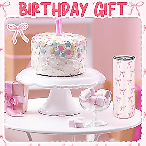 Skylety Pink Bow Tumbler with Lid and Straw, 20 oz Coquette Bow Stainless Steel Drinking Cup for Women Friend Birthday Party Gifts
