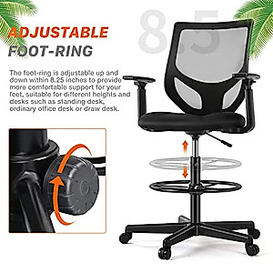 AFO Drafting Mid-Back Mesh Tall Office Stool Chairs with Armrest Adjustable Foot Ring for Standing Desk, Black