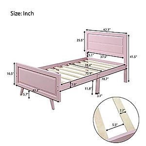 Wood Platform Bed Twin Bed Frame Mattress Foundation Sleigh Bed with Headboard/Footboard/Wood Slat Support,No Box Spring Needed (Pink)