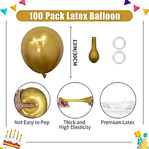PatiCool Metallic Gold Balloons - 12 inch 100pcs Latex - Chrome Gold Balloons with 2 Ribbons, Golden Balloons for Birthday Party, Graduations, Wedding, Baby Shower Decorations