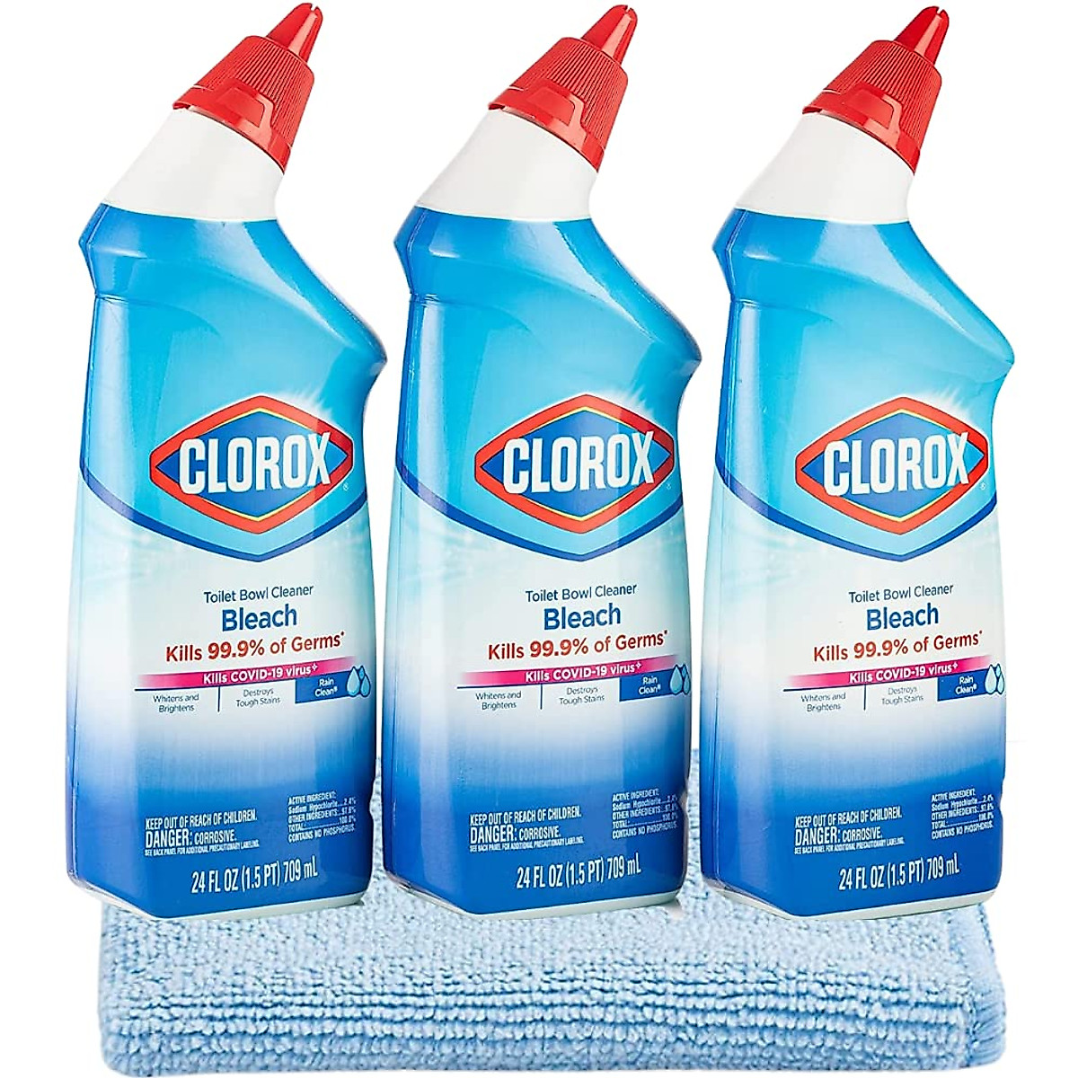 3 Clorox Toilet Bowl Cleaner with Bleach , Rain Clean 24 oz , - BONUS Microfiber Cleaning Cloth