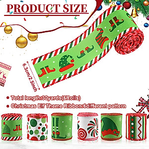 Honic 6 Rolls 30 Yards Christmas Elf Wired Edge Ribbon Elf Hats Legs Multi Dots Stripes Swirl Diagonal Decorative Ribbon for Gift Wrapping Xmas Tree Wreath DIY Crafts