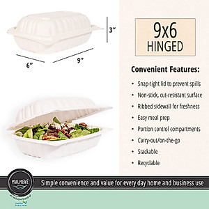 MULMEHË Mineral Filled Polypropylene Plastic Hinged Take Out Food Containers, 9x6x3, Vented Single Compartment, Natural White, 50 Pack