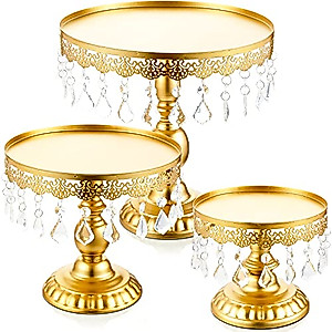 3 Pcs Rose Gold Cake Stand Set Round Cake Stand with Crystal Bling Pendants Dessert Table Display Set for Wedding Event Birthday Party Dessert Table (Gold)