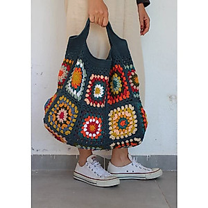 Navy Granny Square Bag Hippie Classic Handmade Crochet Vintage Shoulder Tote Bags For Winter Navy