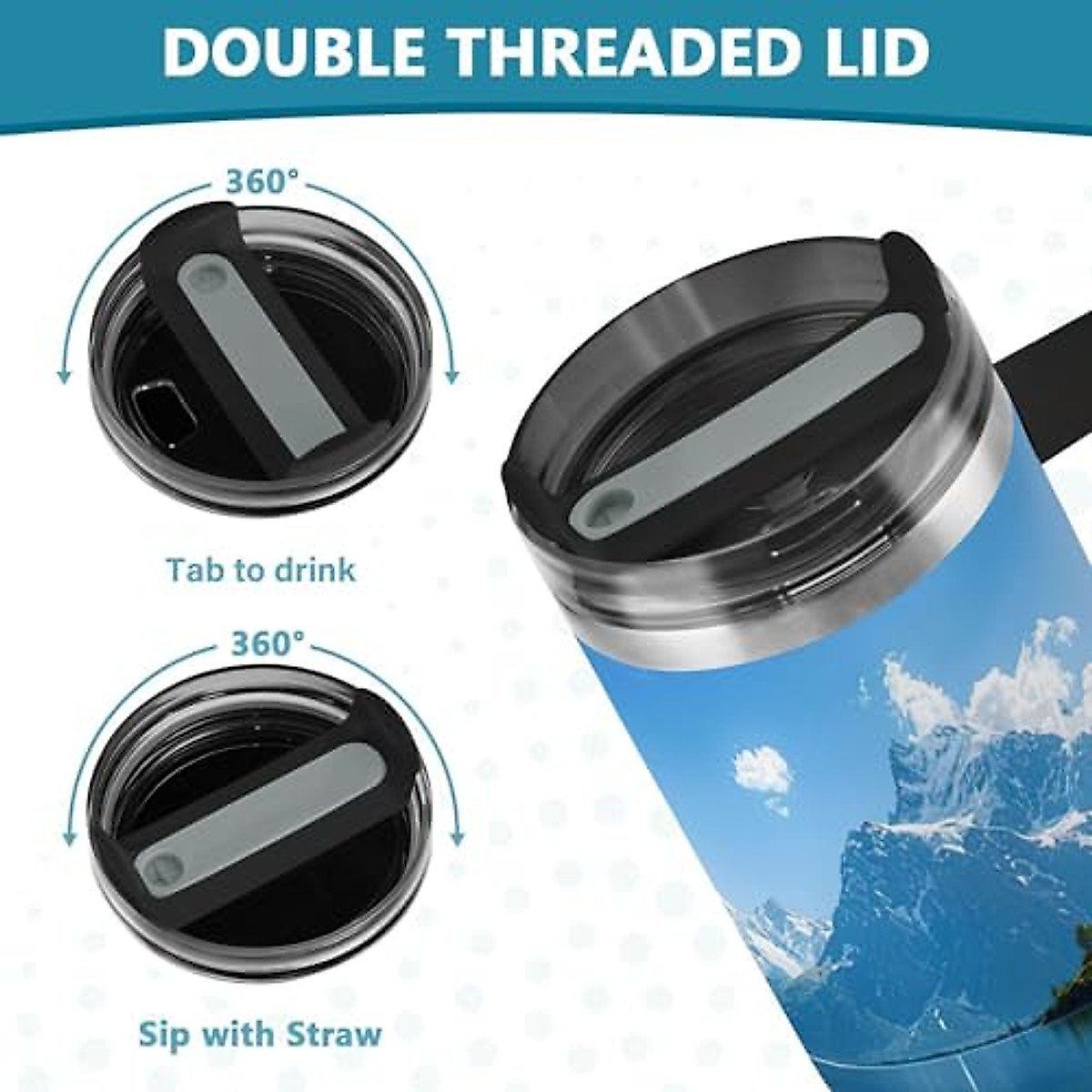 FRCSDIY Snowy Mountains and Lakes Insulated Tumbler with Handle and Straw Lid,30oz Leakproof Stainless Steel Cup BPA-Free Water Bottle