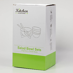 Kitchen Affections | 5pc Glass Salad Bowl Set with Serving Utensils | and Bamboo Pedestal Base | Glass Reusable Dinnerware | Durable Glass Dinner Bowls | Eco Friendly Bowls