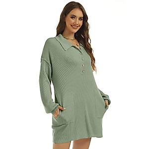 Nfsion Women's Casual Lapel Knit Sweater Button V-neck Long Sleeved Loose Fitting Dress Autumn Oversized Short Skirt Pullover Light green Small