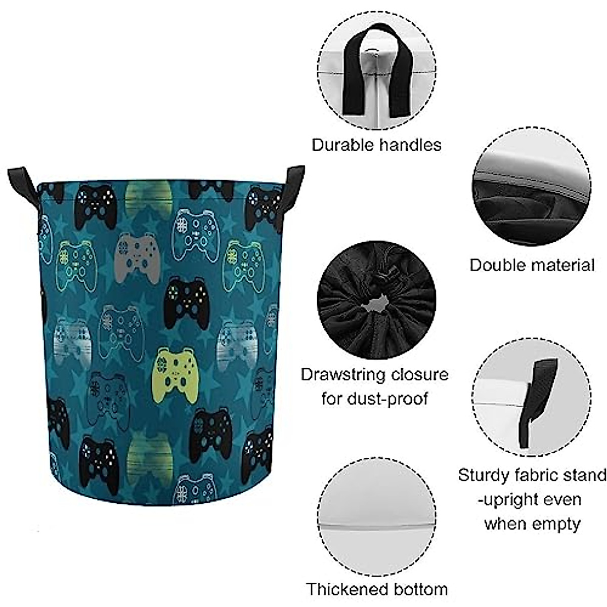 LynaRei Colorful Joystick Gamepad Laundry Basket with Handle, Gaming Cool Print Drawstring Round Collapsible Storage Bin, Dirty Clothes Hamper for Bedroom Bathroom