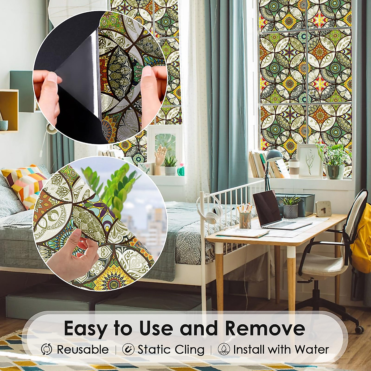 DKTIE Static Cling Decorative Window Film with Installation Tools Non Adhesive Privacy Film, Stained Glass Window Film for Bathroom Shower Door Heat Cotrol Anti UV, 17.7 x 78.7 Inch