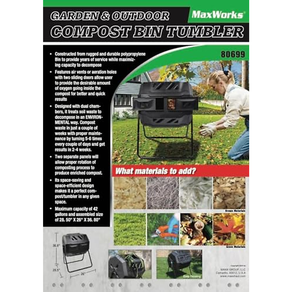 MaxWorks 50891 Compost Tumbler Bin Composter Dual Chamber 42 Gallon, Bundled with Gloves