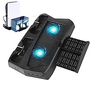 PS5 Charging Station with Cooling Fan, DualSense Controller Vertical Stand Dock for PS5 Console and Digital Edition, 3 USB Ports Retractable 14 Game Slots Storage Bracket for PlayStation 5 Accessories