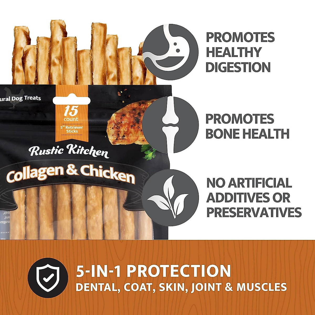 Wild Eats Collagen Chews for Dogs, Real Chicken, Dog Chews Long Lasting, Rawhide Free -15 Pack Collagen Sticks for Large, Medium, and Small Dogs