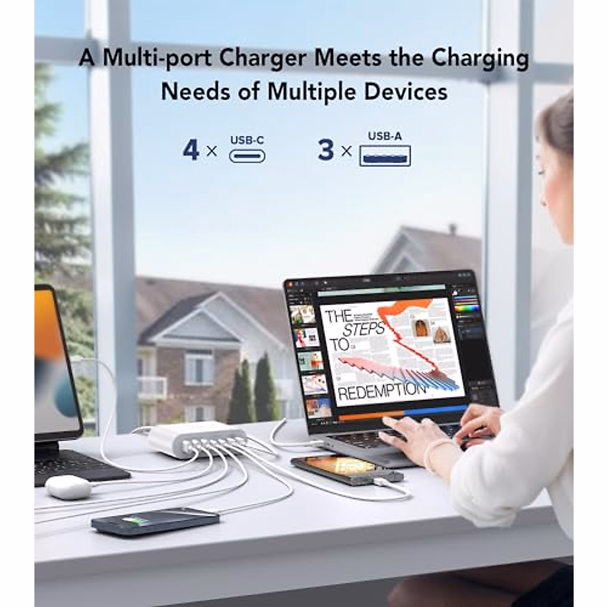 185W USB C Fast Charger Block, 7 Port USB C Charger Charging Station Hub Brick Multiport Charger Laptop Power Adapter for MacBook Pro Air iPad Pro iPhone 15 14 13 12 Galaxy Note S23 Pixel Steam Deck