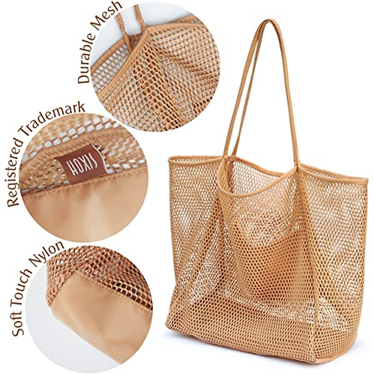 Mesh Beach Tote Womens Shoulder Handbag (Tan, Black)