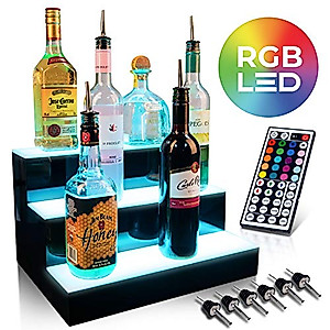 Savvy Life Selects LED Liquor Shelf– 3 Tier Bar Bottle Display – Colorful Light Bar Shelf – LED Colors & Light Effects – Lighted Liquor Shelves with Plug – Remote Control and Spouts Included