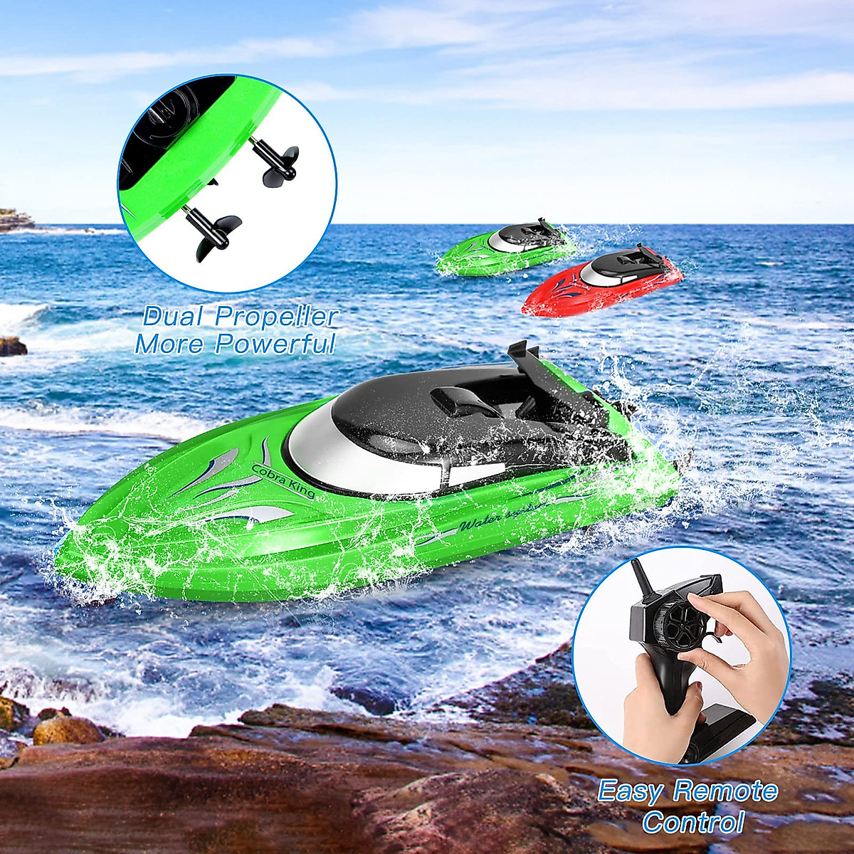 Lumiparty 2PACK RC Boat,Remote Control Boats for Kids and Adults,10km/H 2.4G High Speed Remote Control Boat,Fast RC Boats for Pools and Lakes with 4 Rechargeable Battery.(Red+Green)