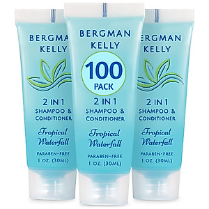 Bergman Kelly - Travel Size 2 in 1 Shampoo & Conditioner - 1 fl oz, 100 PK, Tropical Waterfall - Delight Your Guests w/Invigorating & Refreshing Shampoo Amenities - Small Hotel Toiletries in Bulk