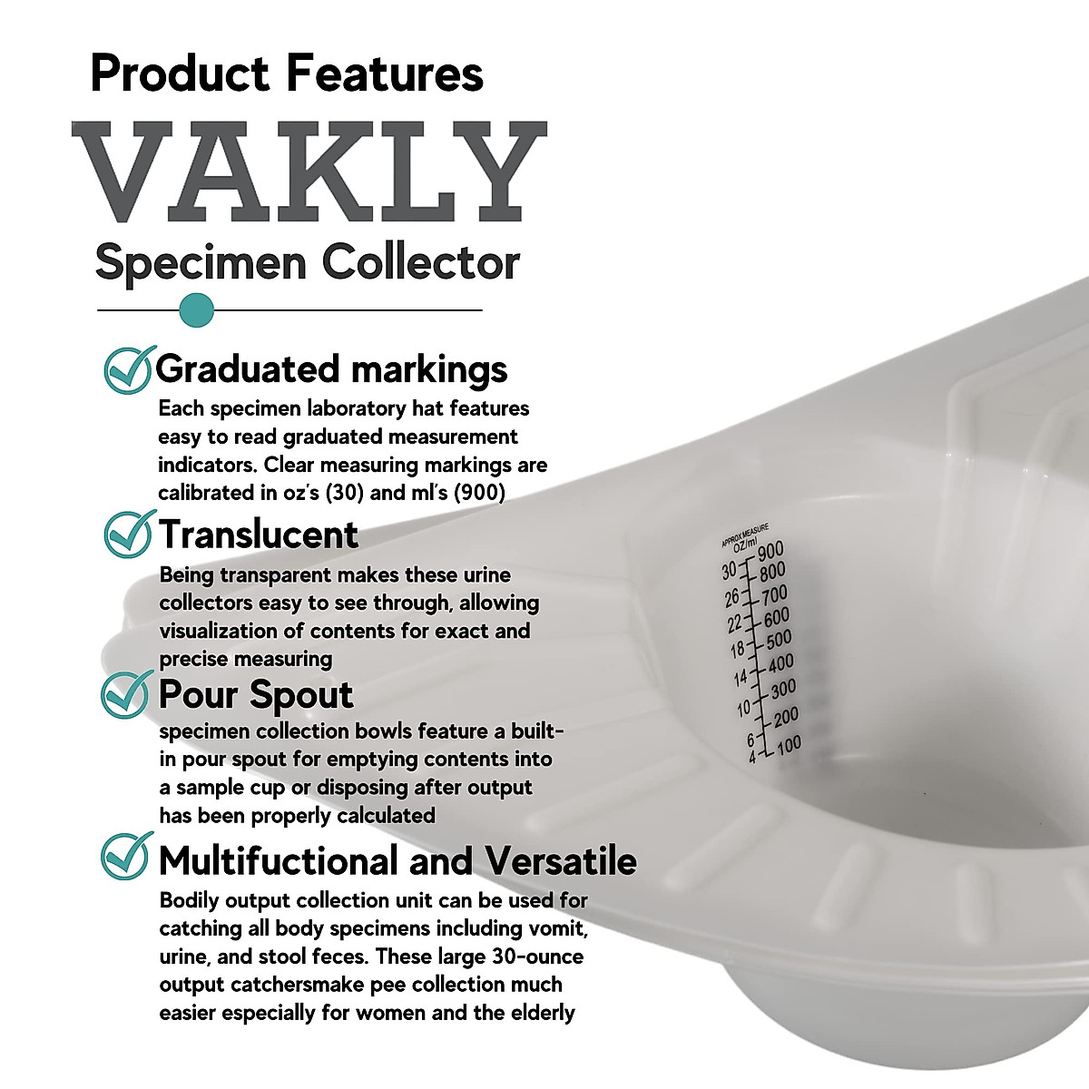 Graduated Specimen Collector Pans [Pack of 5] Toilet Nursing Hat for Urine, Vomit & Stool Collection Fits Over Toilets and Commodes - 30 oz for Women and Elderly (5)