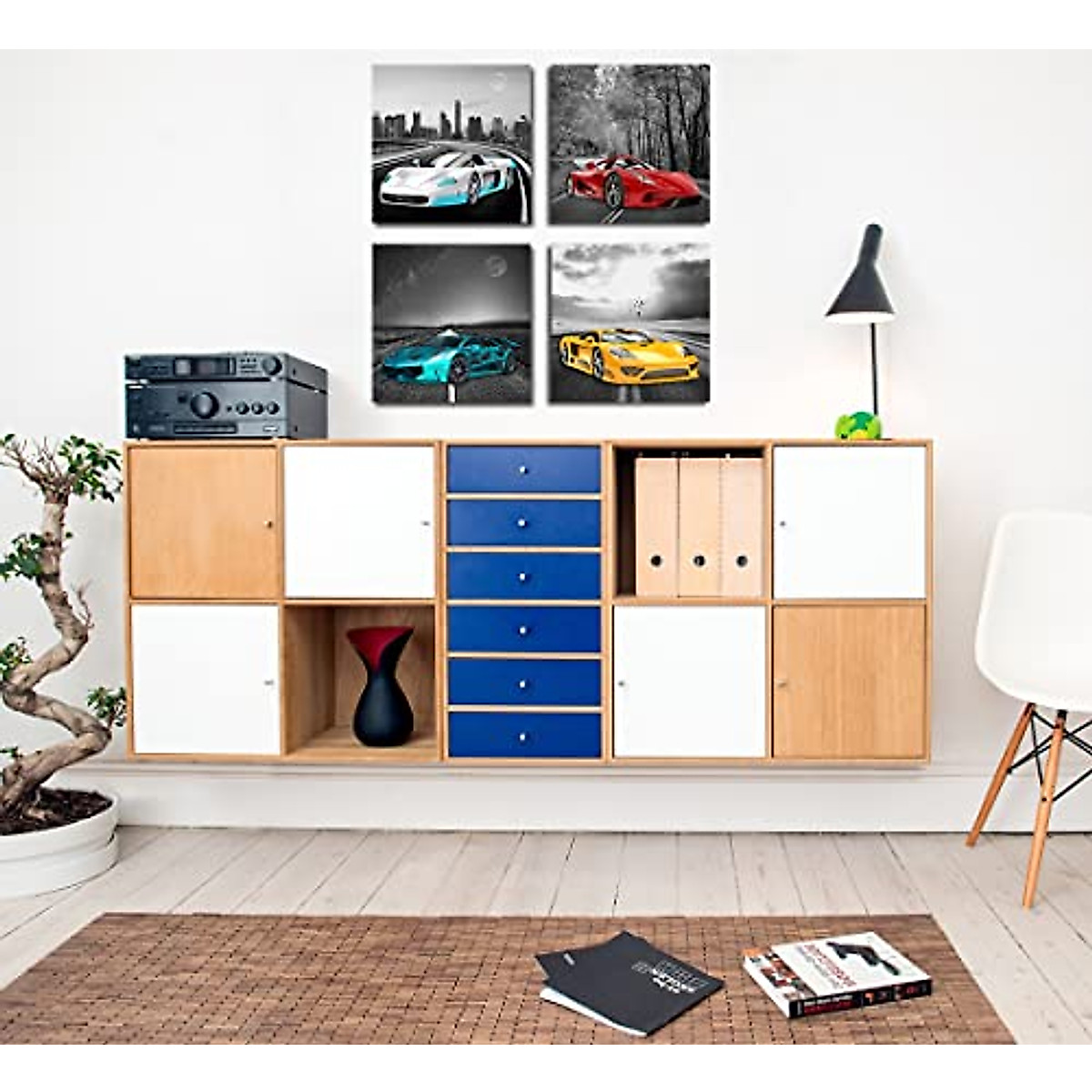 Car Pictures Black and White Wall Art Racing Car Canvas Prints for Men Teen Boys Room Sports Car Wall Decor 12 x 12 Inches 4 Pieces