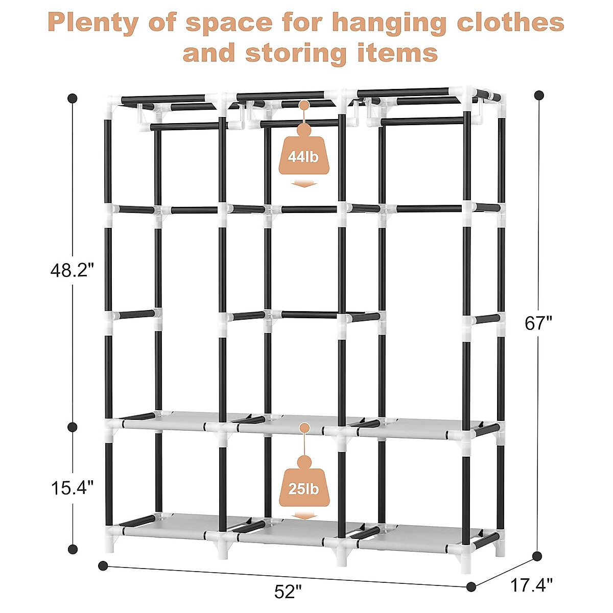 VTRIN Portable Closet, Wardrobe Closet for Hanging Clothes Closet with Cover, 3 Hanging rods, 6 Storage Shelves and Side Pockets, Diameter 19mm Metal Pipe, Free Standing Closet for Bedroom